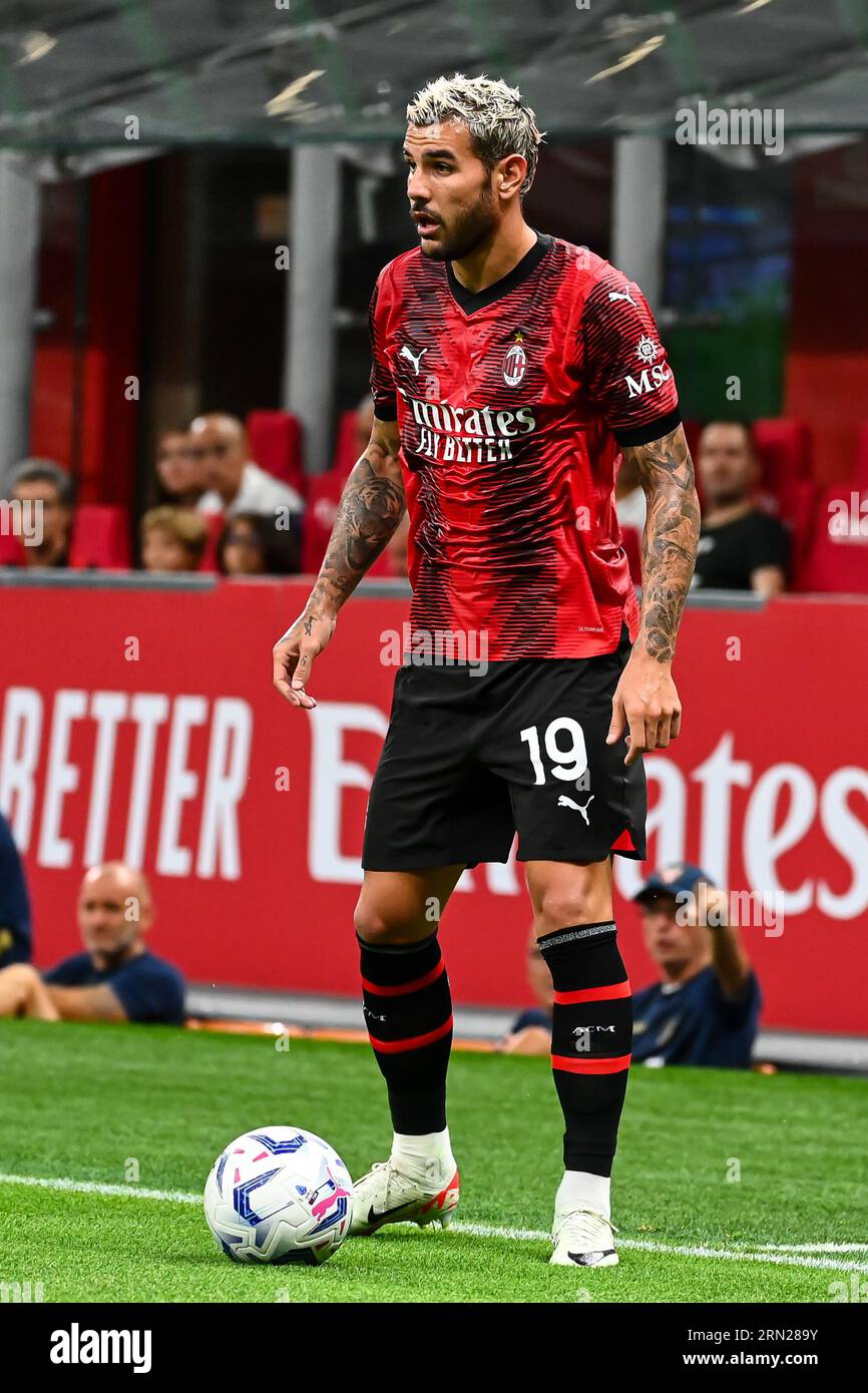 Milan, Italy - 26 August 2023: Theo Hernández of AC Milan controls the ...