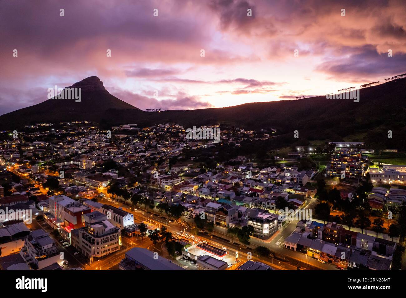 Aerial view of Cape Town city centre at sunset in Western Cape, South ...