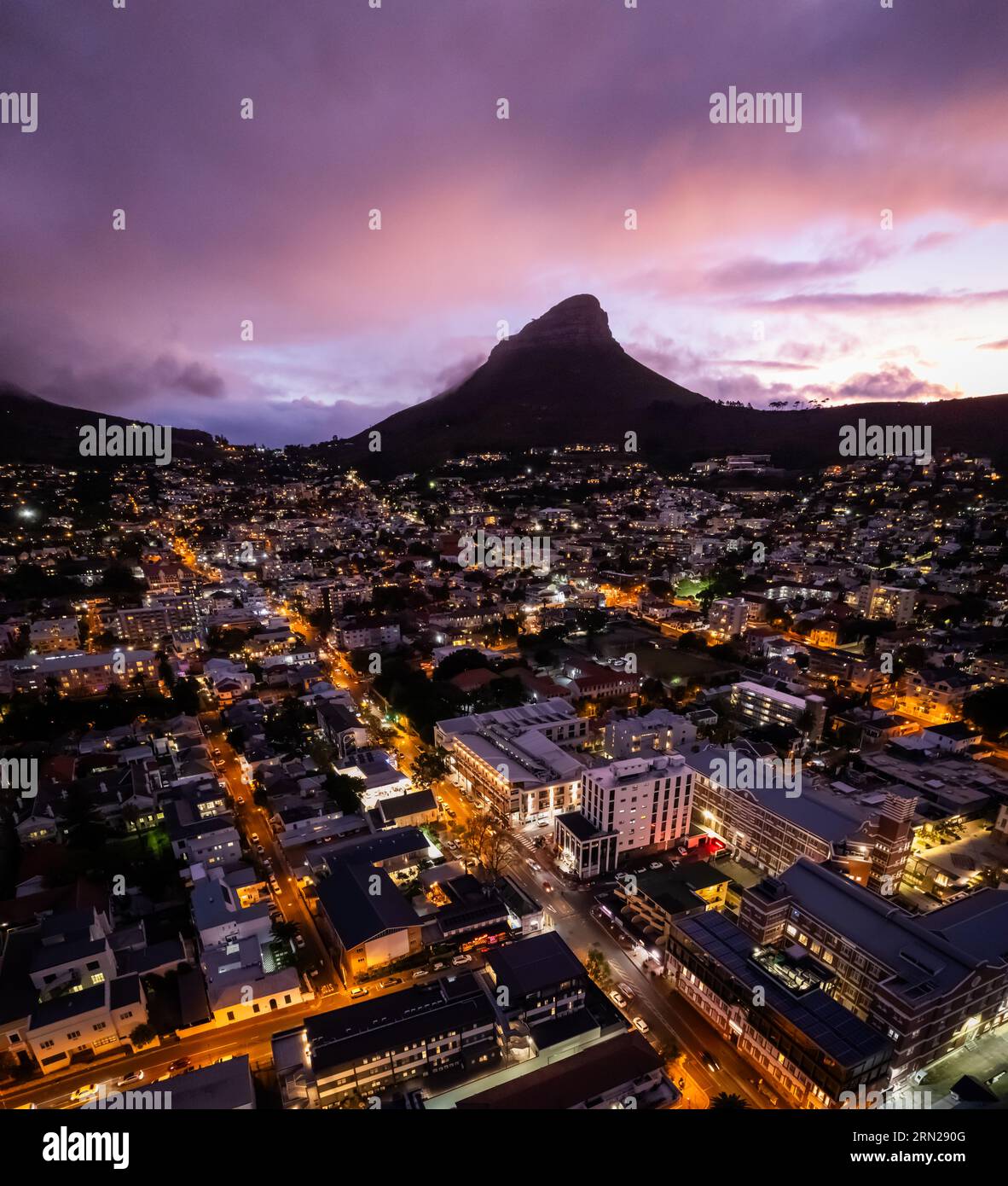 Aerial view of Cape Town city centre at sunset in Western Cape, South ...