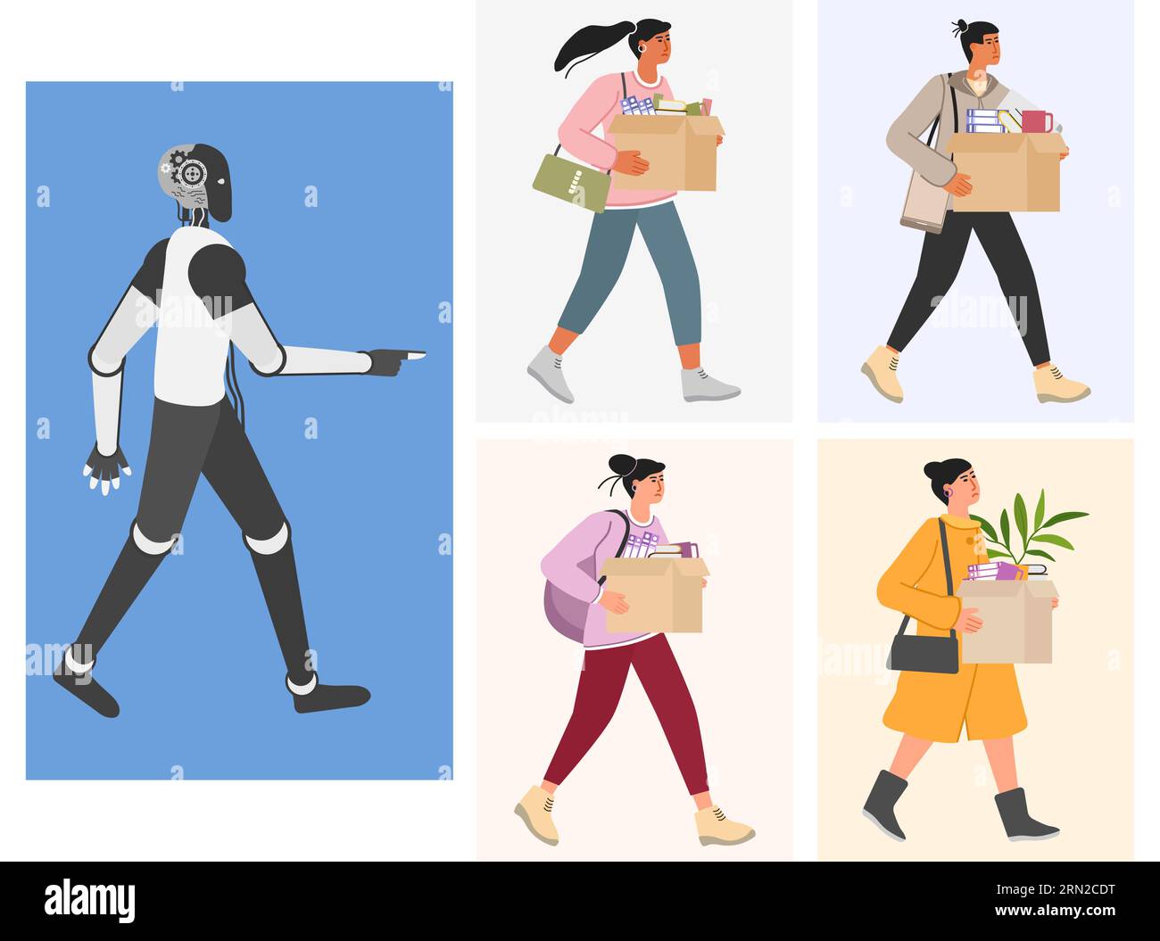 Smart AI robot took workplace, sad fired people hold boxes ...