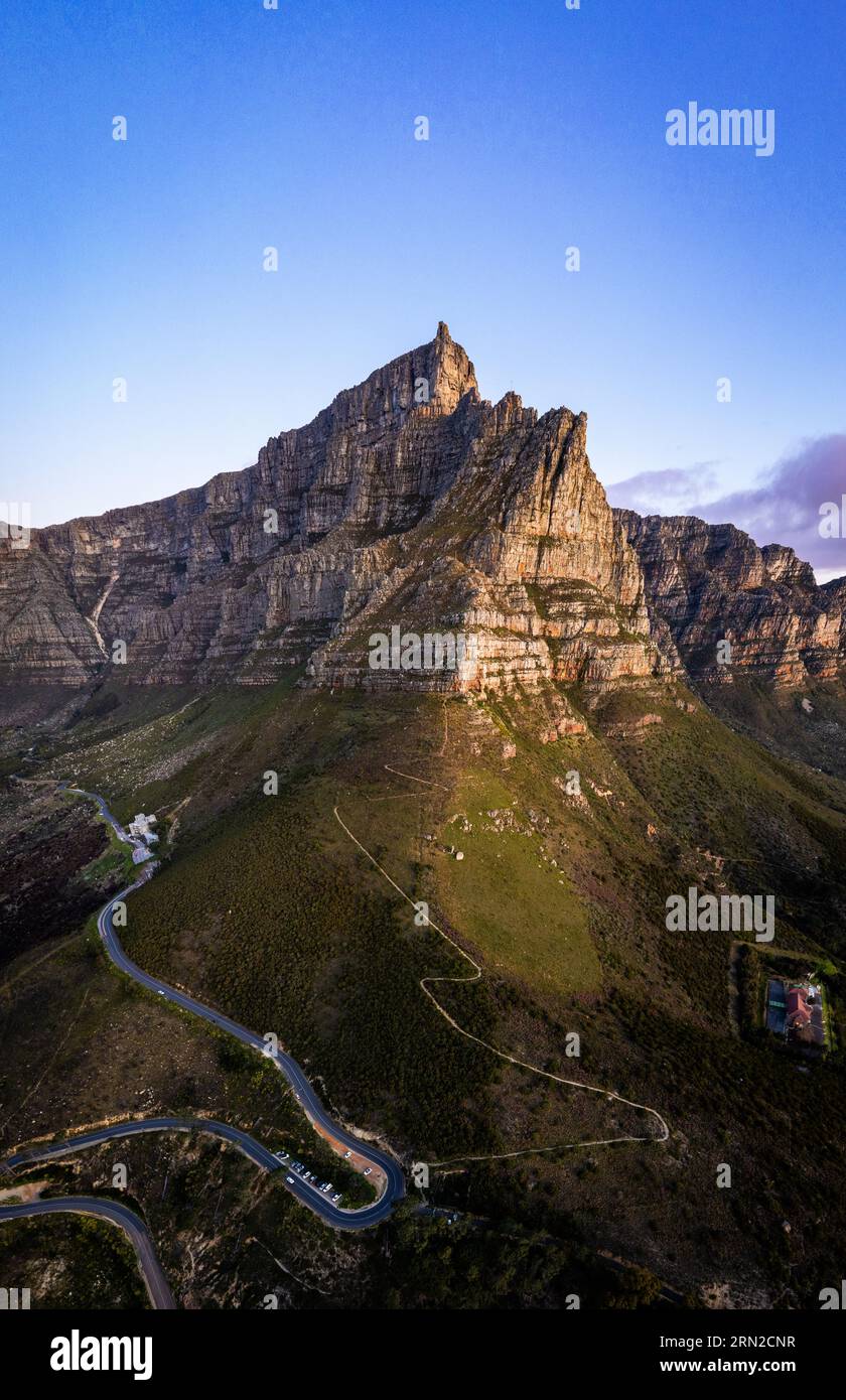 Aerial view of Kloof Corner hike at sunset in Cape Town, western Cape ...