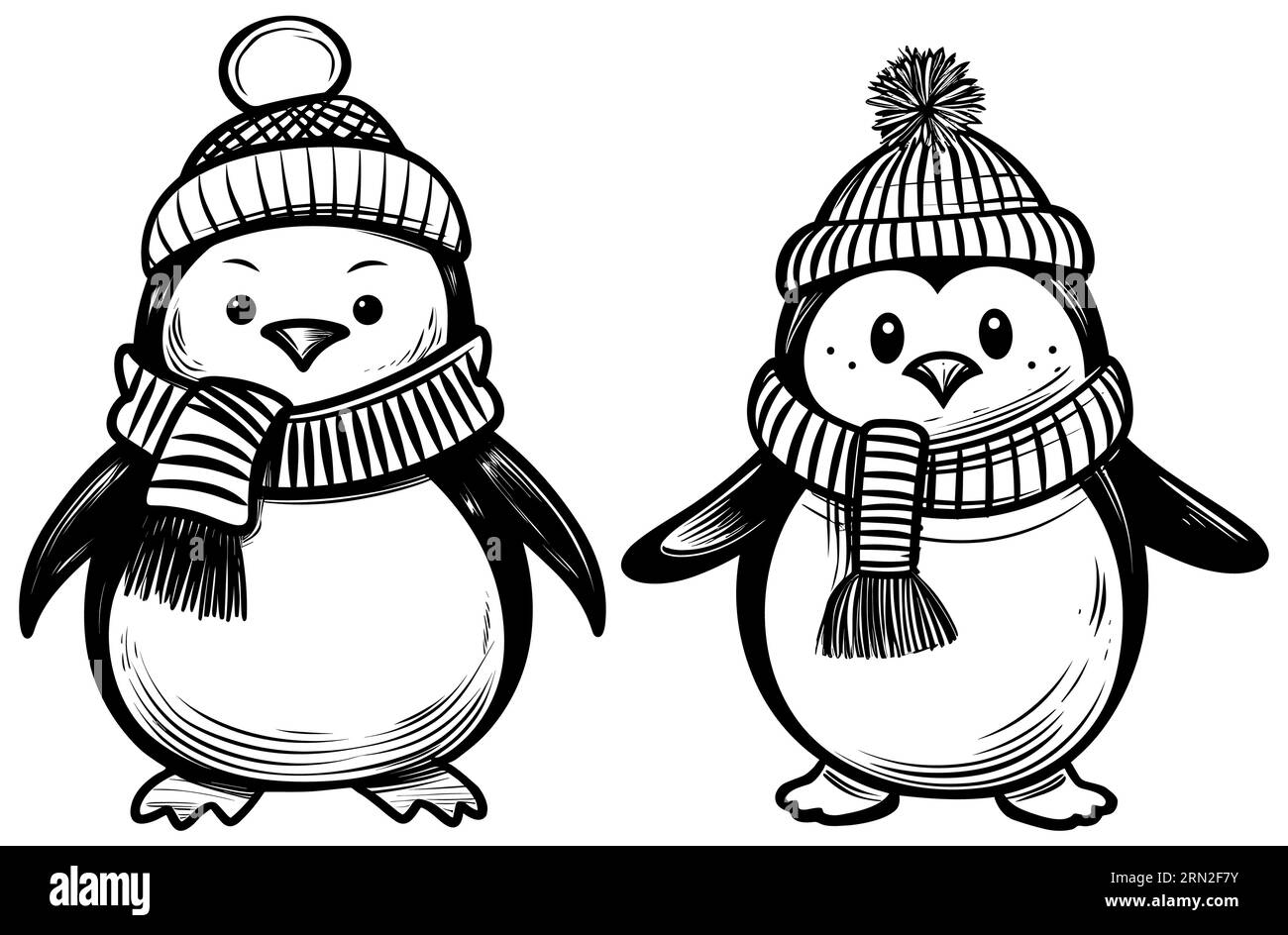 Doodle style illustration of 2 cute penguins wearing hats and scarfs ...