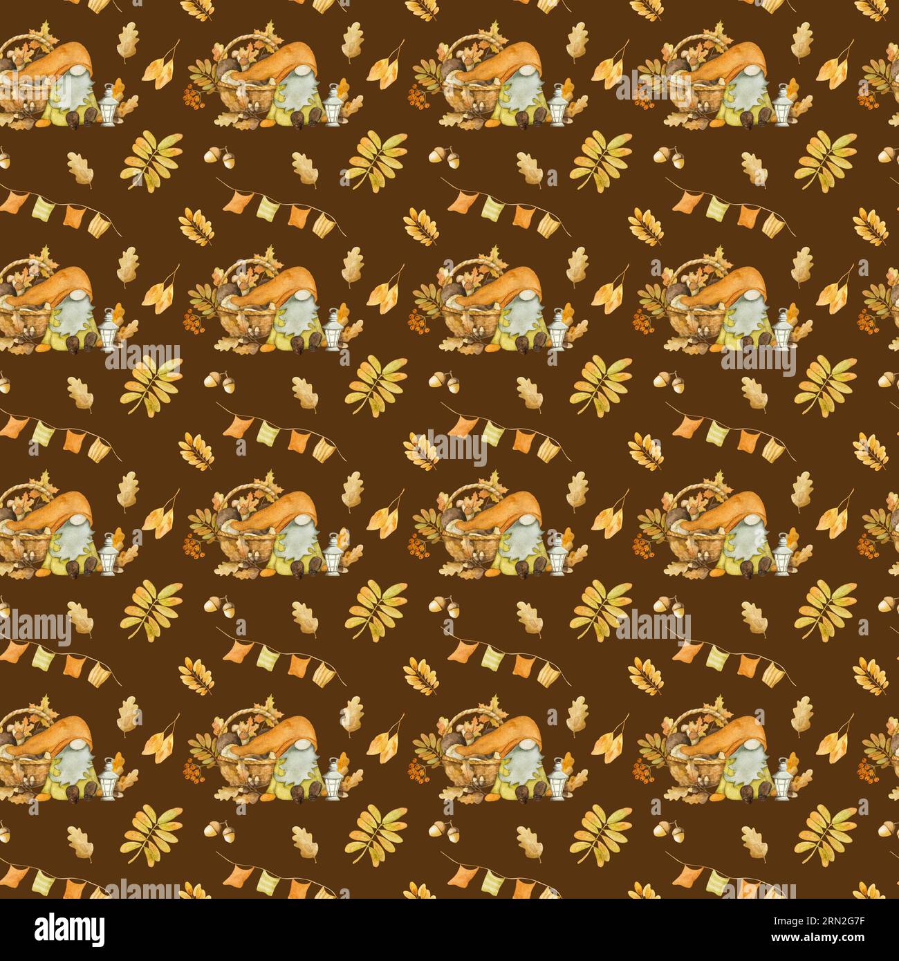 Cute autumn dwarf with mushrooms, arcons and leaves harvest watercolor ...