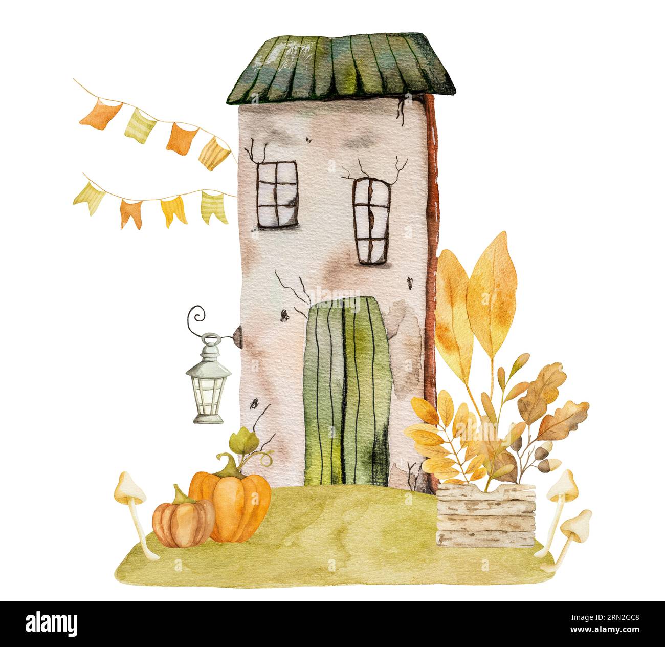 Autumn cartoon house with oak leaves, mushrooms and acorns watercolor ...