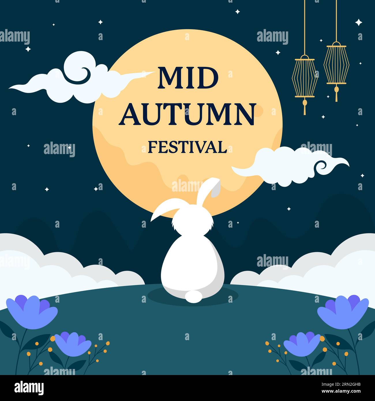 mid autumn festival illustration with rabbit looking to moon Stock ...