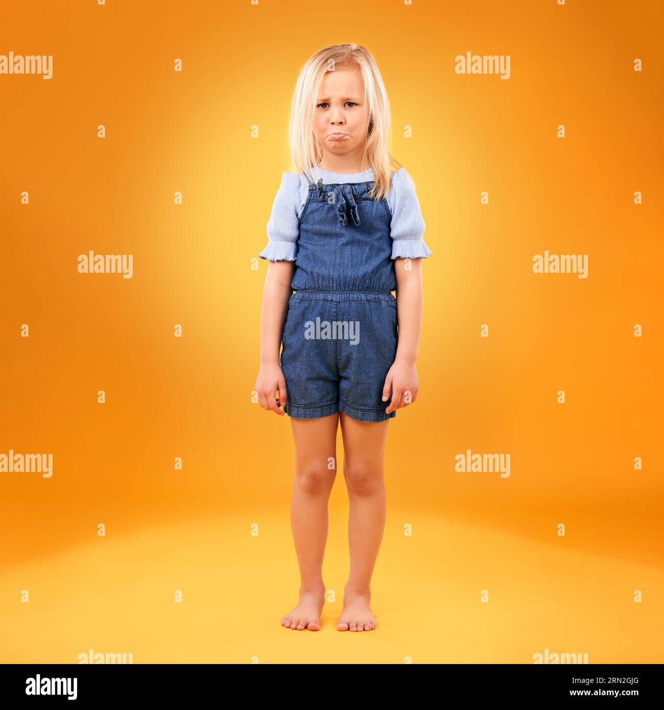 Portrait, sad and girl child in studio with bad news, feedback or ...