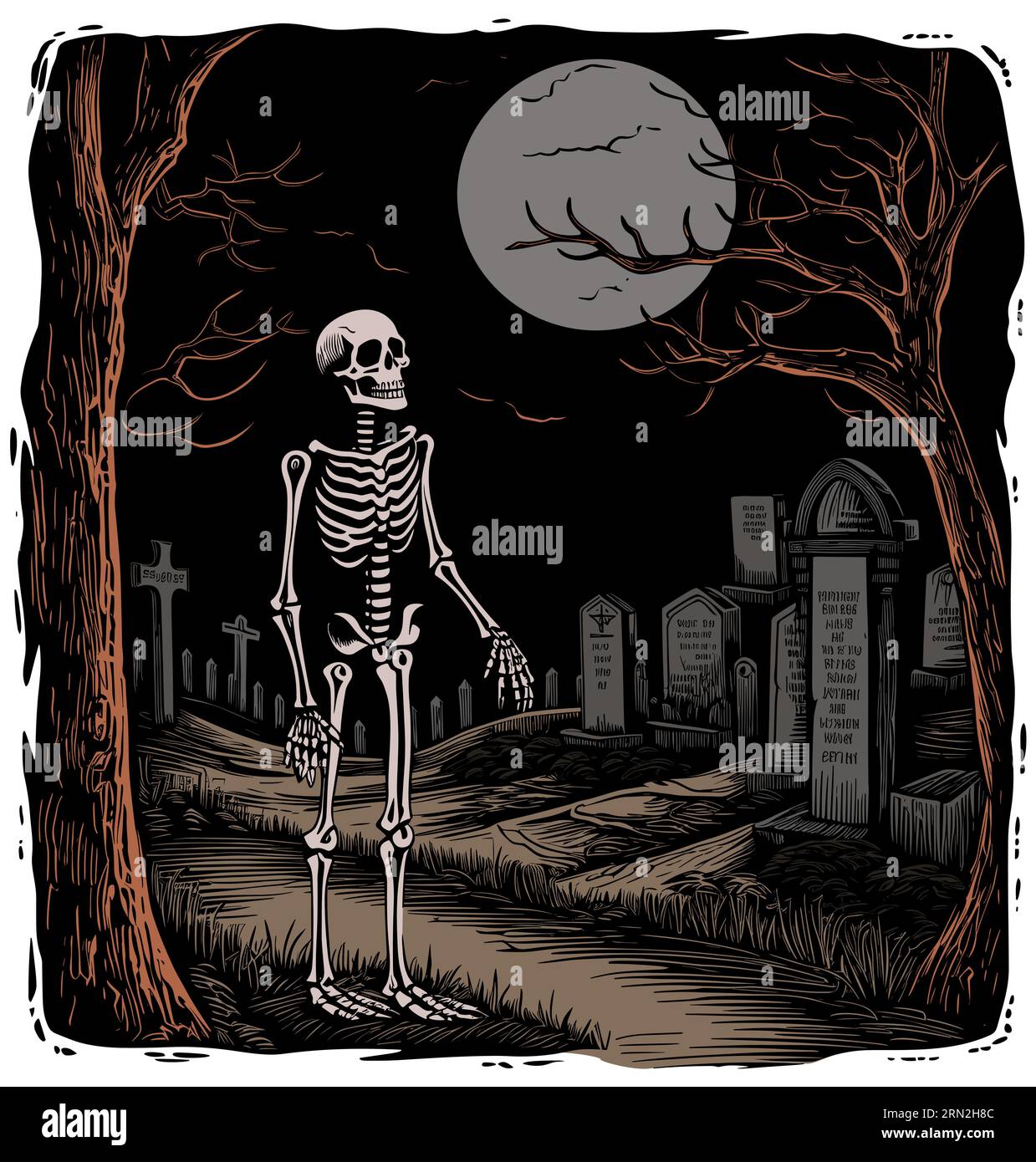 Illustration of skeleton standing in graveyard at night Stock Vector ...
