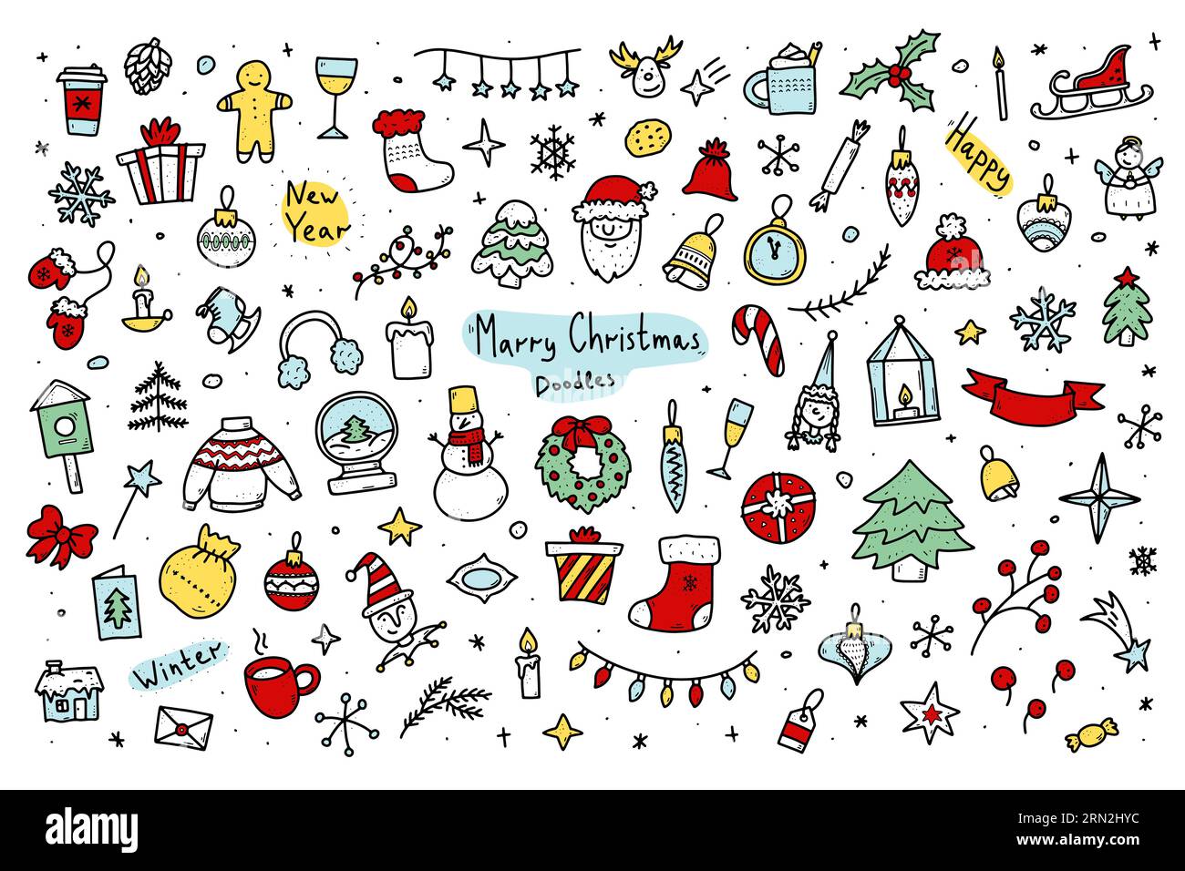 Doodle Christmas set. Hand-drawn New Year symbols. Winter holiday signs ...