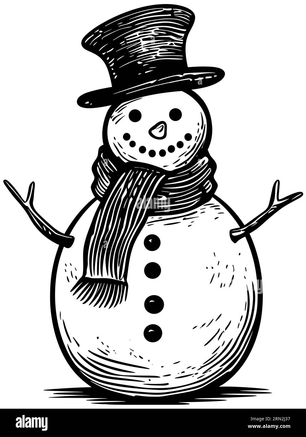 Linocut style illustration of happy snowman isolated on white ...