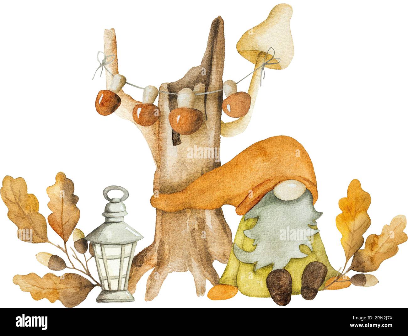 Cute autumn dwarf with mushrooms, arcons and leaves harvest watercolor ...