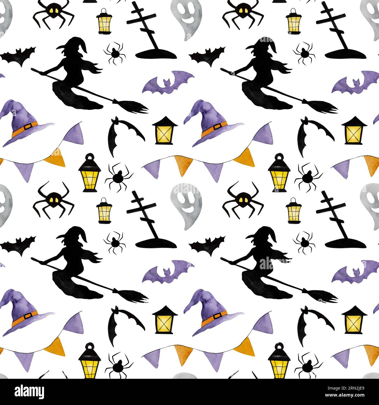 Halloween creepy tree and witch on broom with spiders watercolor ...