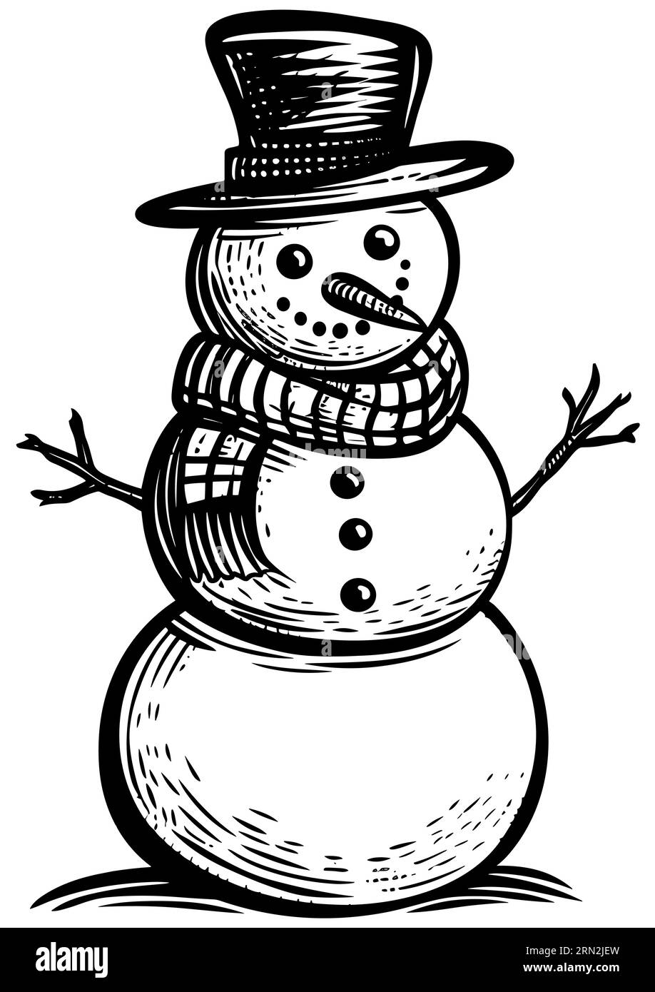 Linocut style illustration of happy snowman isolated on white ...