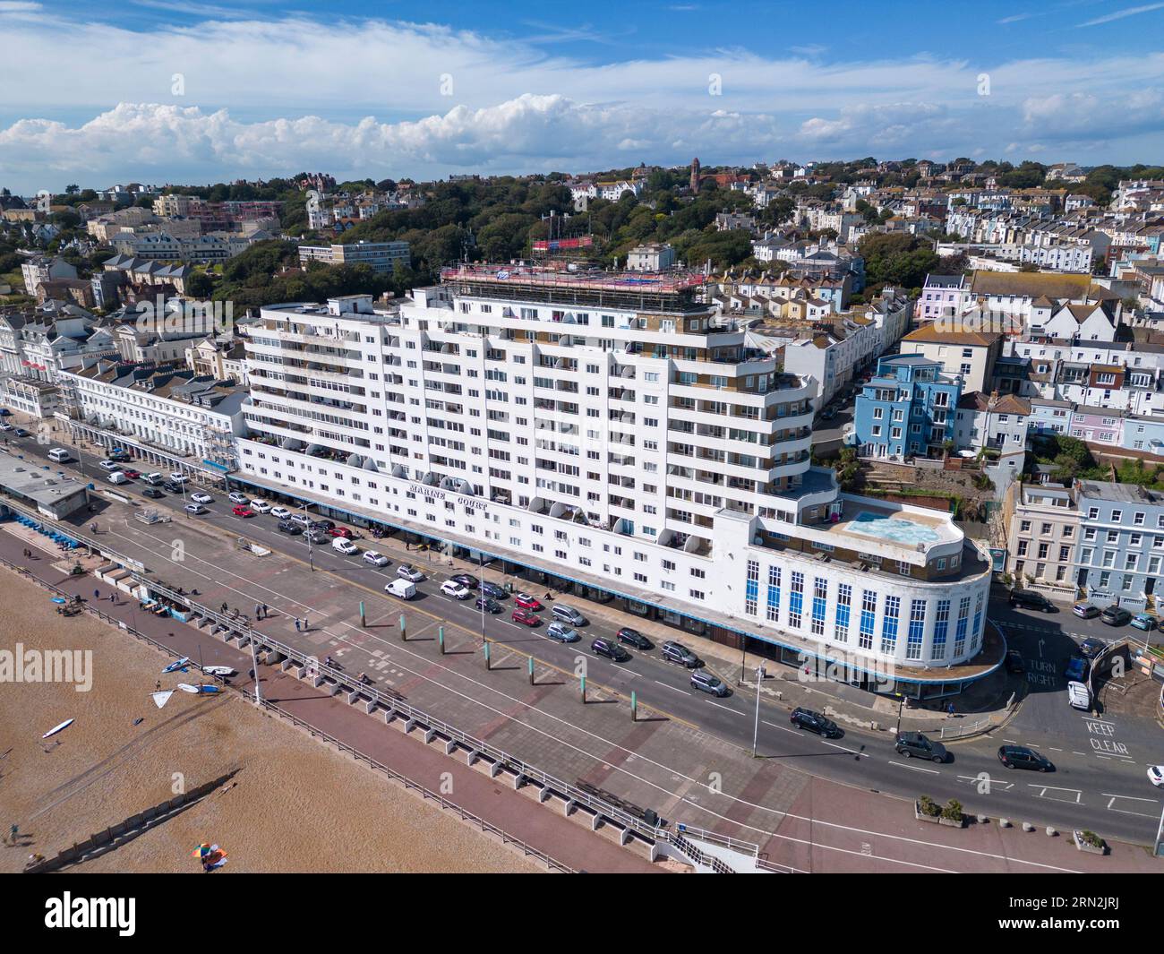 Aerial view of Marine Court on the seafront of Hastings, East Sussex ...