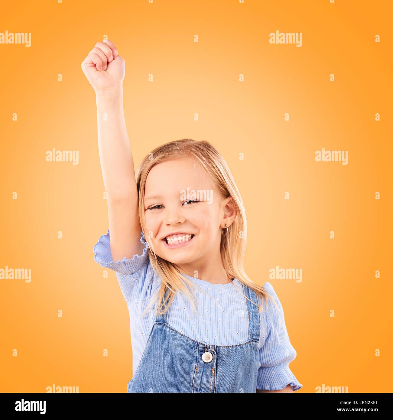 Hand up, portrait and girl child in studio happy, excited and ...