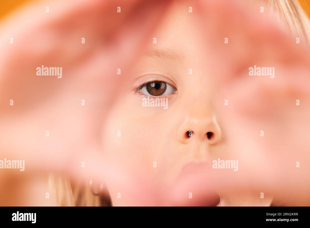 Girl kid, triangle hands and studio portrait with shock, excited and ...