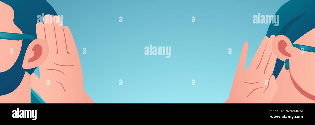 Vector of a young woman and man hold hands near ear and listening ...