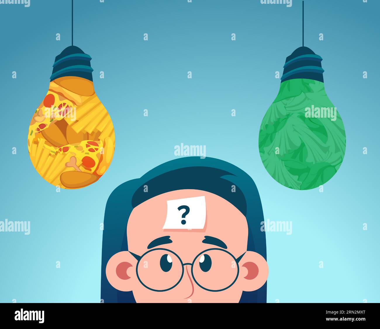 Vector of a woman in glasses question mark on forehead thinking looking ...