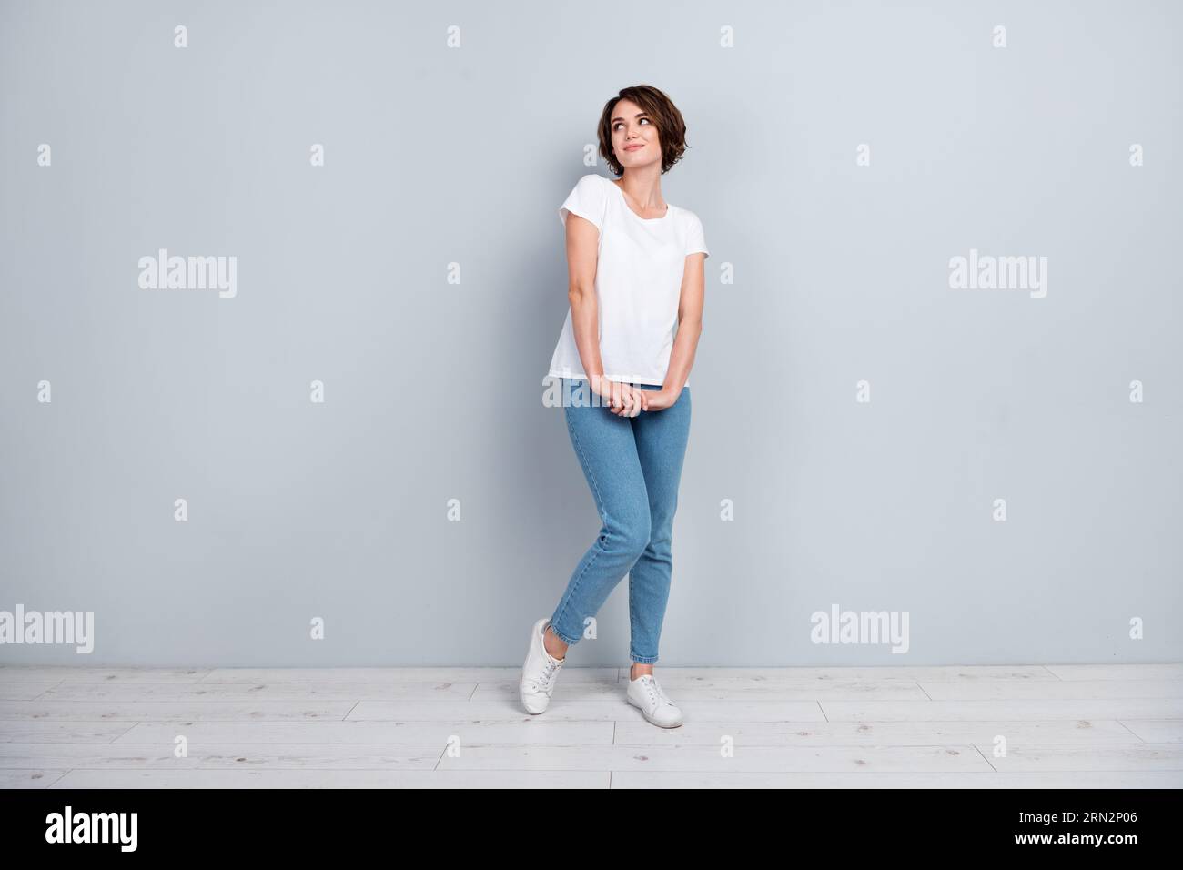 Full size photo of gorgeous minded positive girl look empty space ...