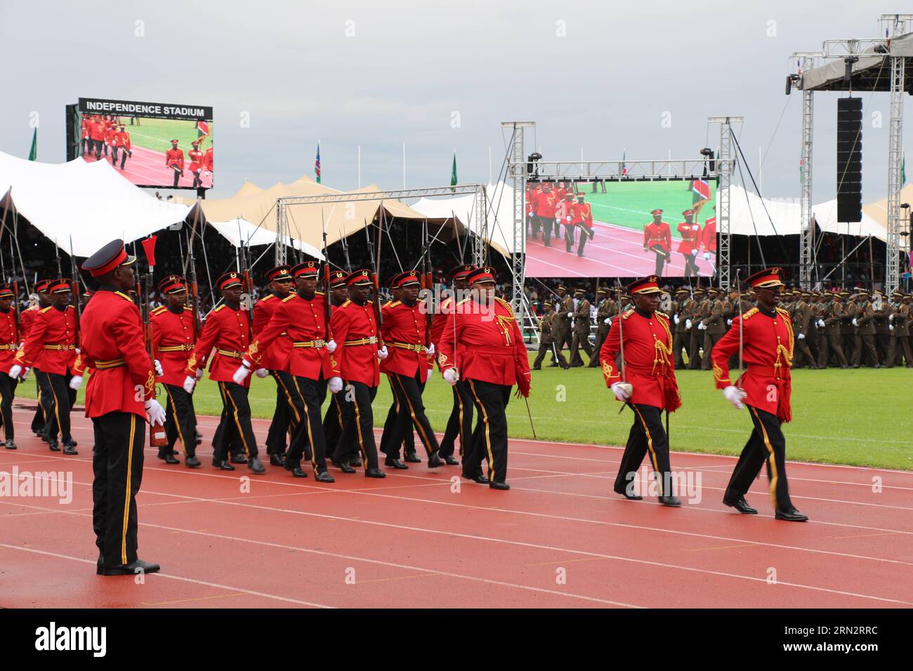 Soldiers parade at the Independence Stadium during the inauguration ...
