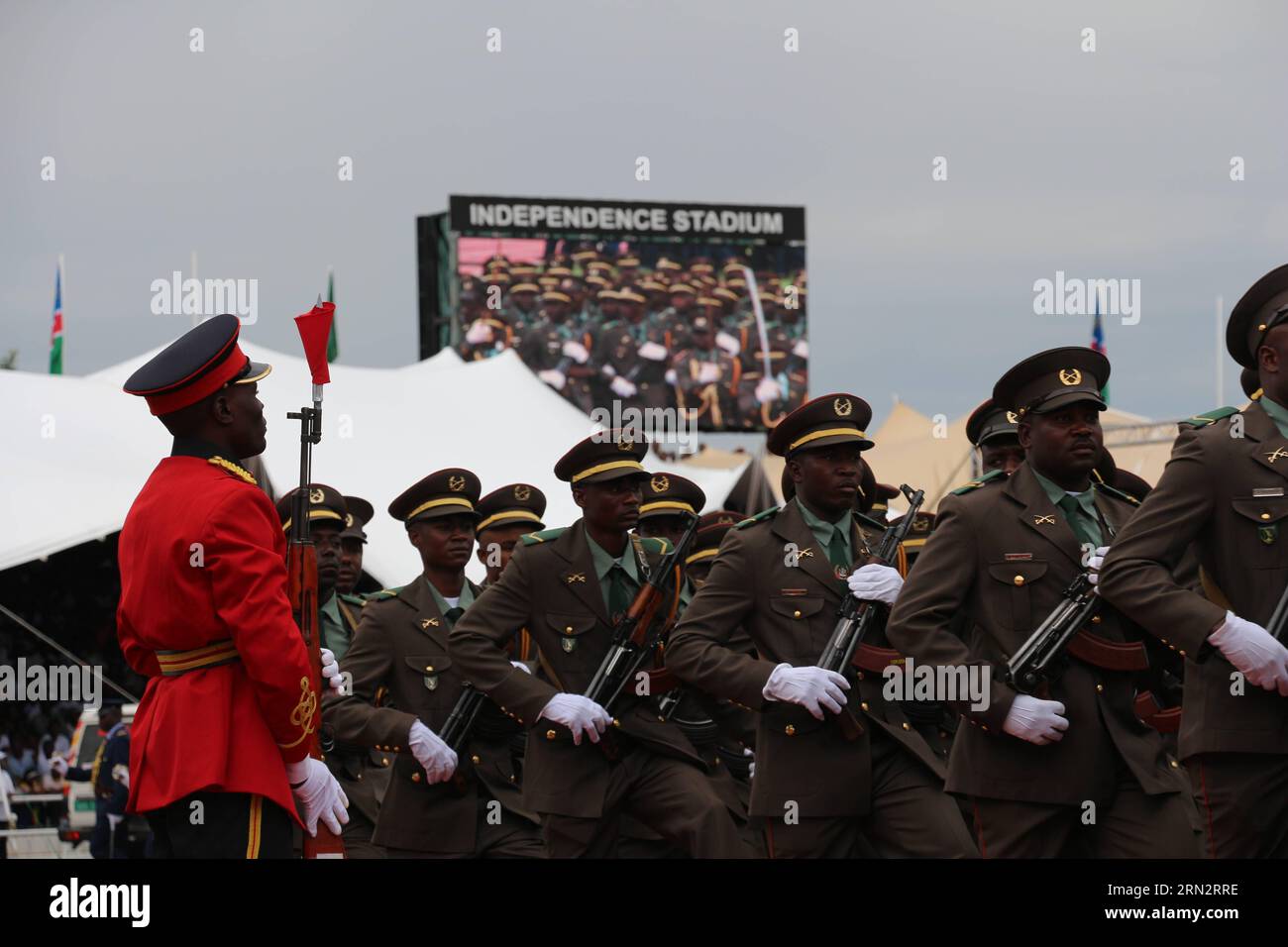 Soldiers parade at the Independence Stadium during the inauguration ...
