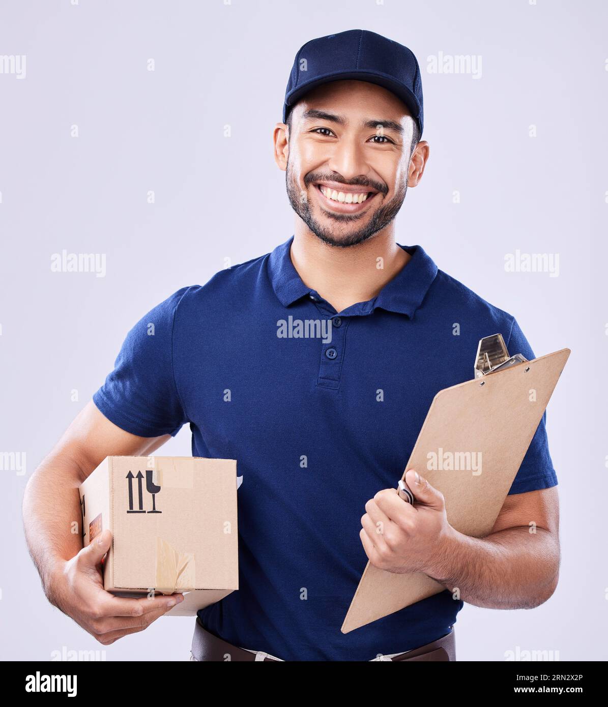 Smile, portrait and delivery man with boxes, and clipboard for transport for ecommerce supplier ...