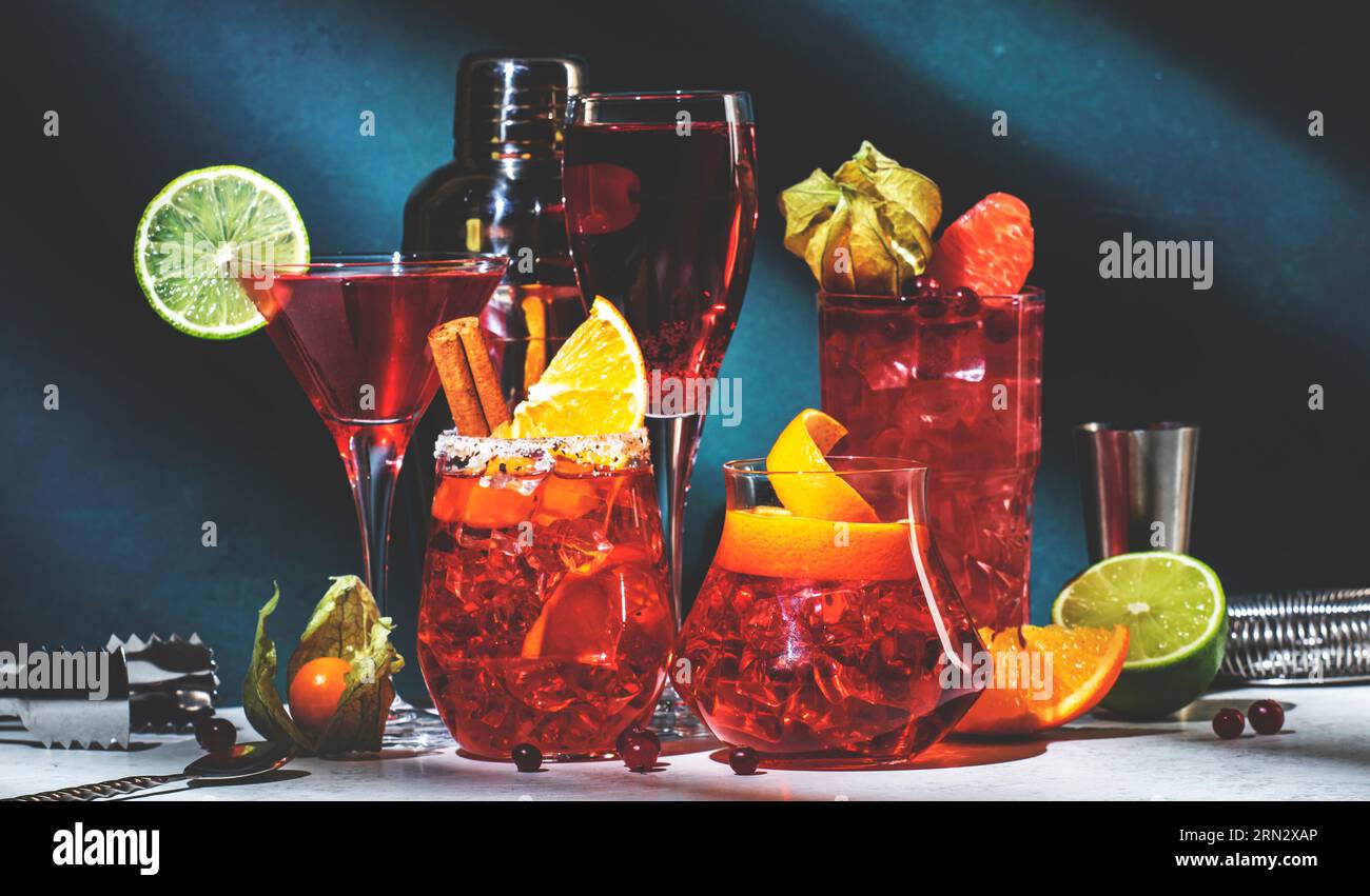 Red cocktails set: kir royale, negroni, boulevardier, cosmopolitan, sea ...