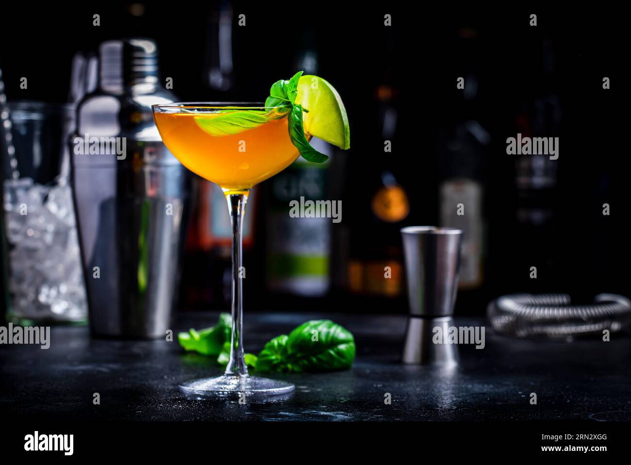 Spring grass alcoholic cocktail drink with scotch whiskey, apple ...