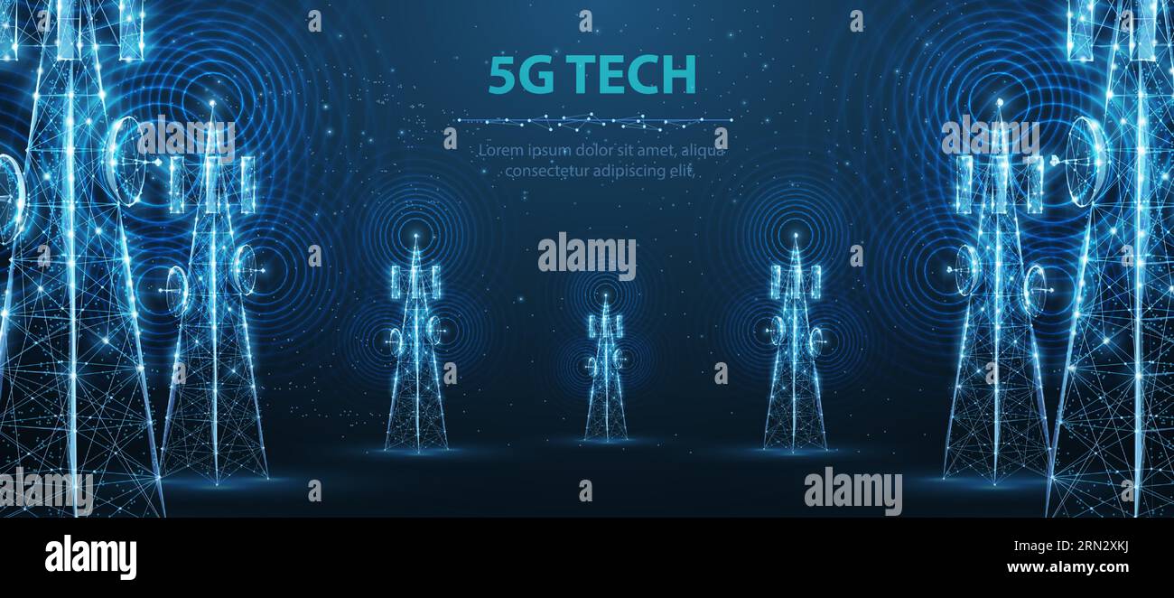 Abstract antenna mast on blue. 5G technology, telecommunication ...