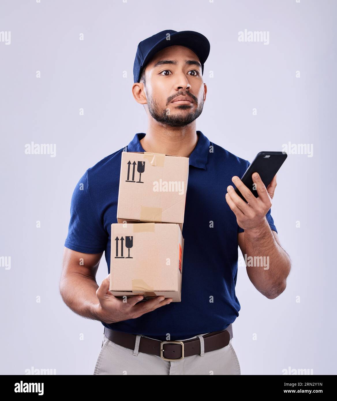 Phone, shipping box and delivery man problem, crisis and export mistake ...