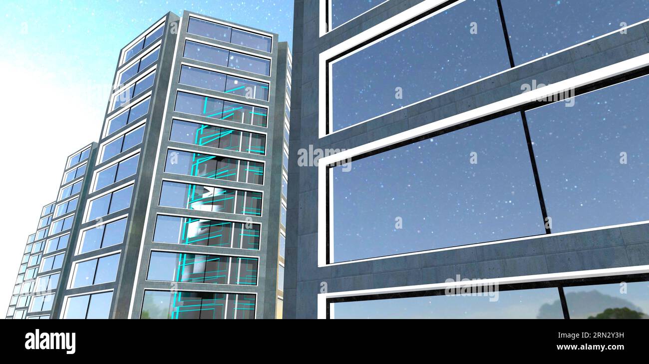 Five newly constructed apartment buildings at night under the bright ...