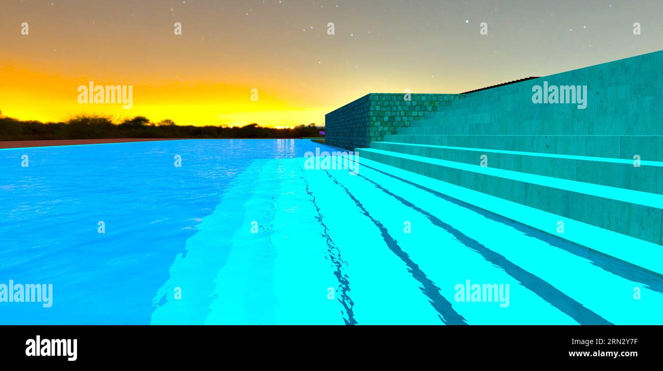 Glowing turquoise concrete staircase down to the pool. The steps ...