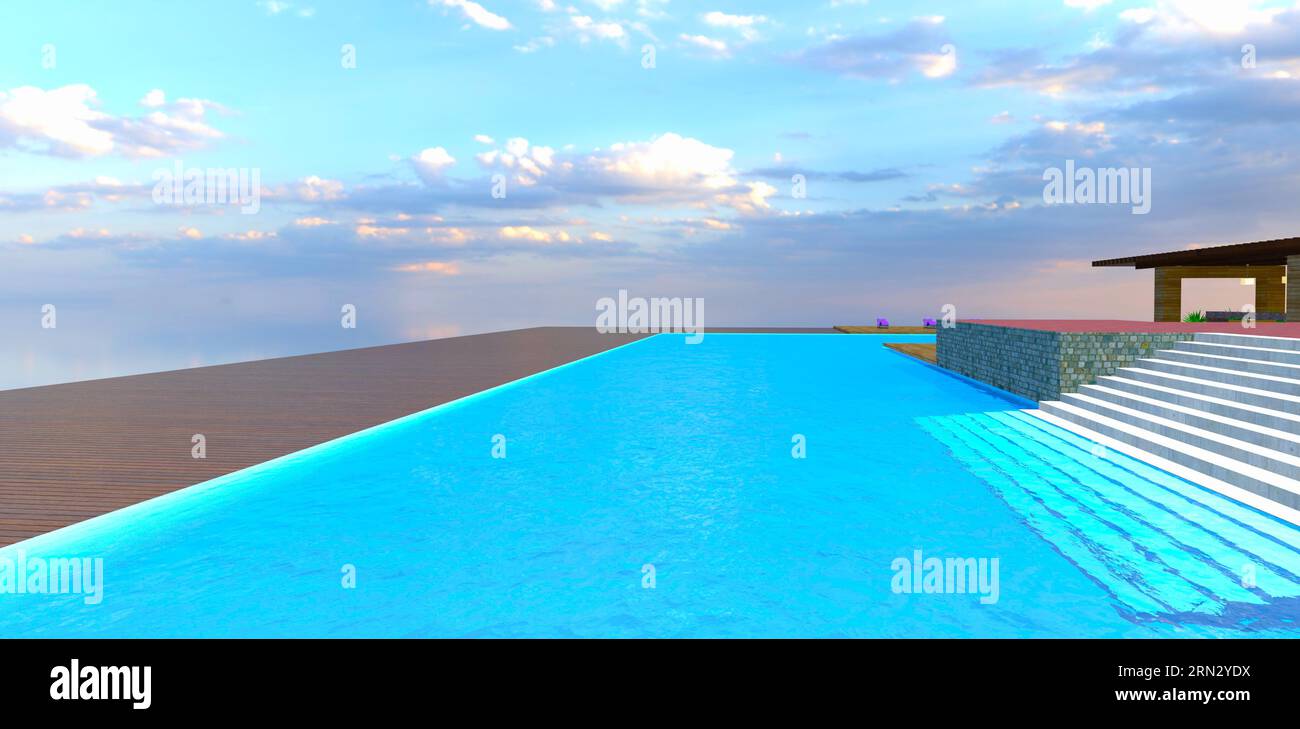 Large swimming pool on the rooftop of the skyscraper. Concrete stairs ...