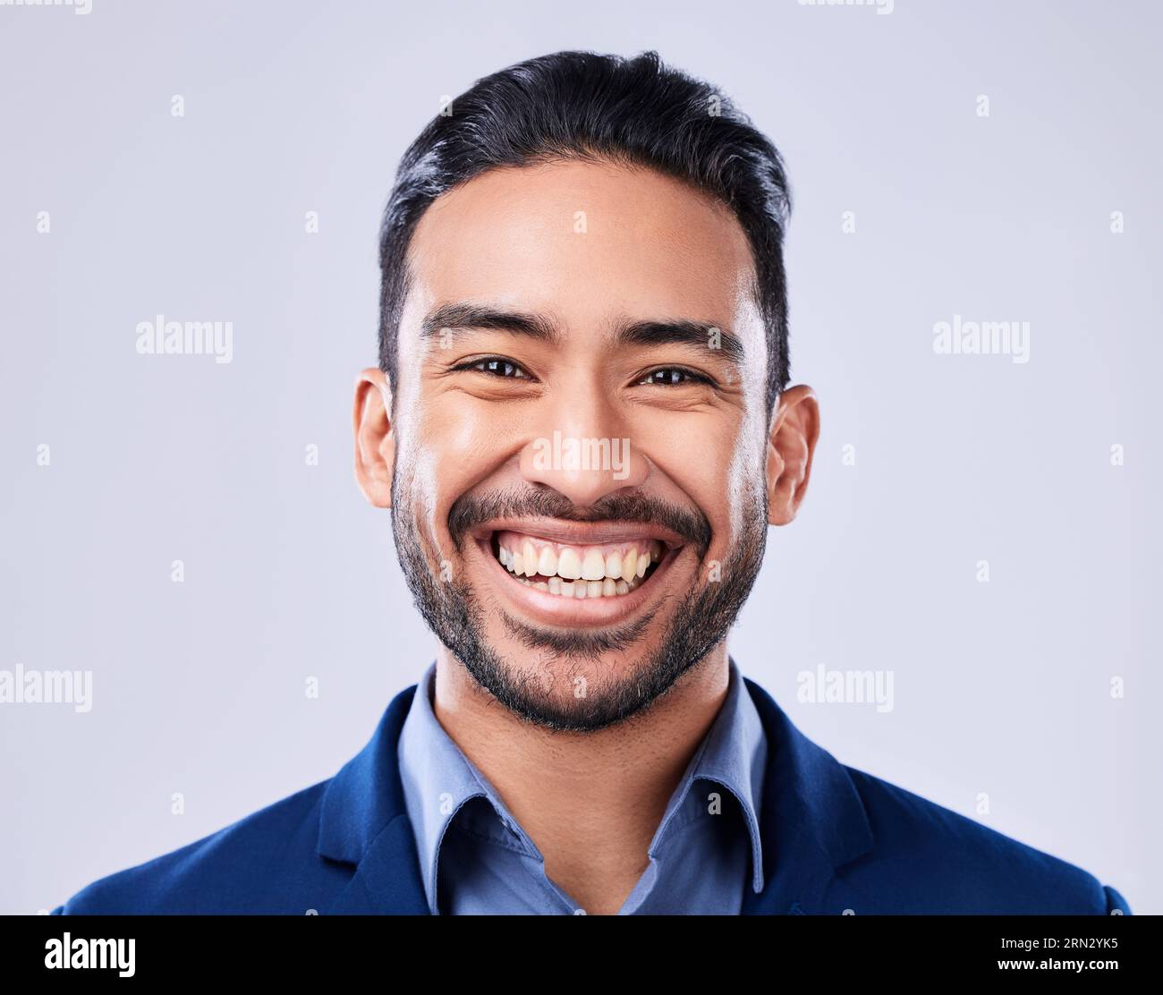 Face, lawyer and happy business man in studio isolated on a white ...