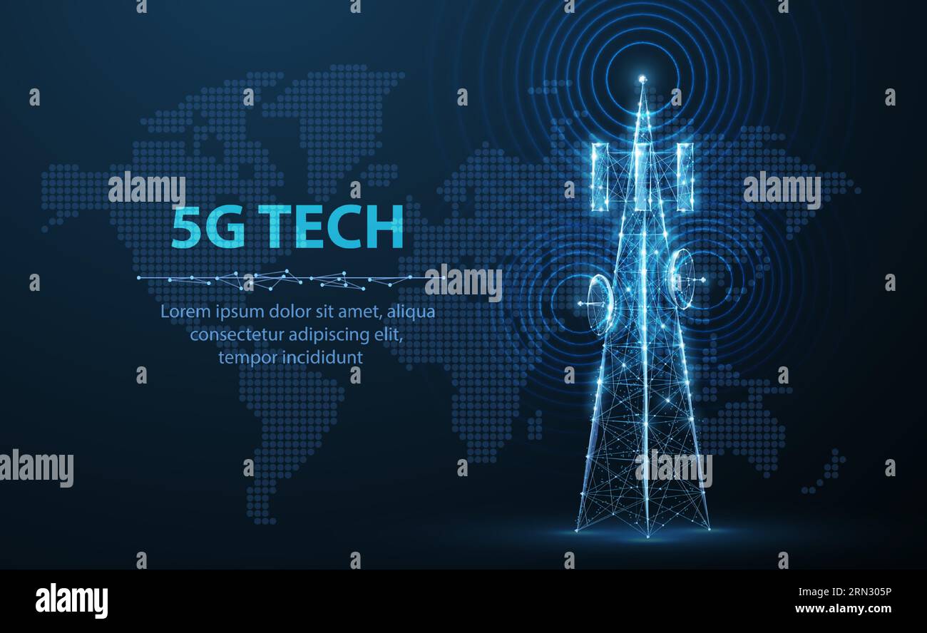 Abstract antenna mast with world map. 5G technology, telecommunication ...