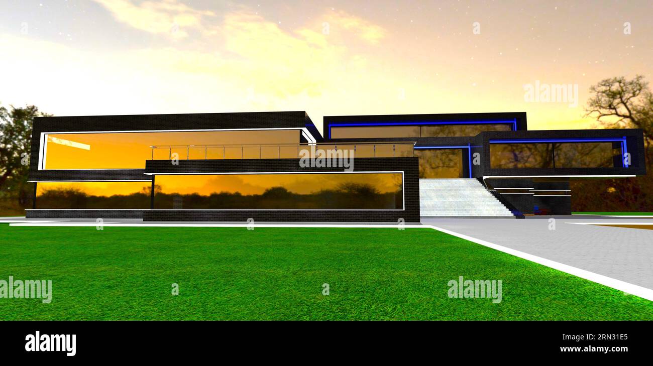 Trend design of the stylish suburban villa. Night view. Beautiful ...