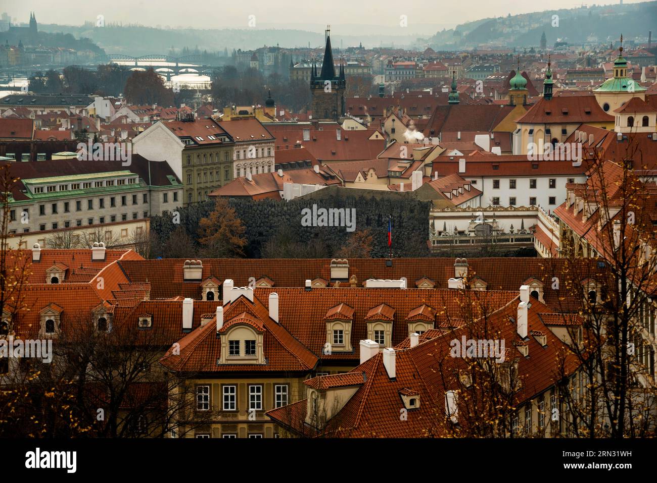 Spires of Charles Bridge in Prague in the Czech Republic surrounded by ...