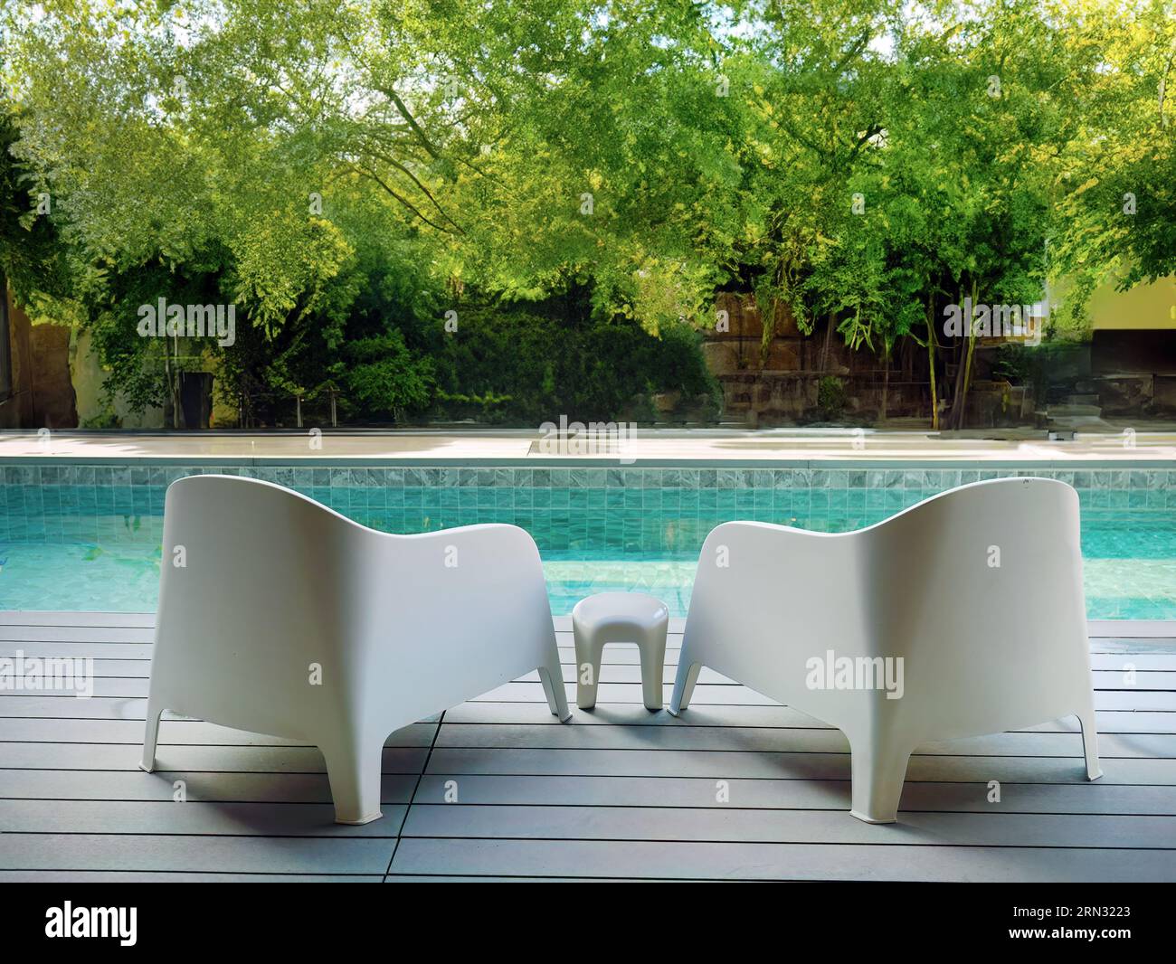Modern design white plastic chairs at swimming pool side and outdoor ...