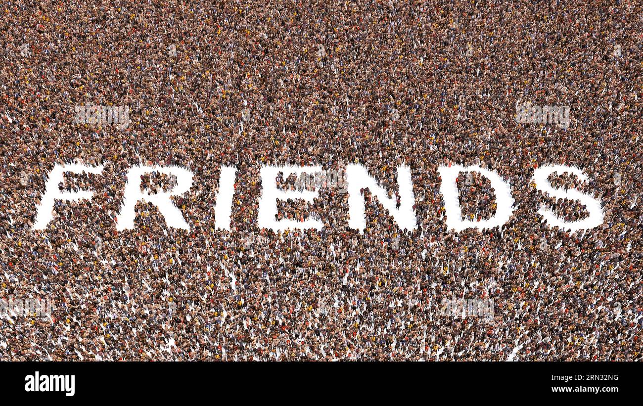 Conceptual large community of people forming the word FRIENDS. 3d ...