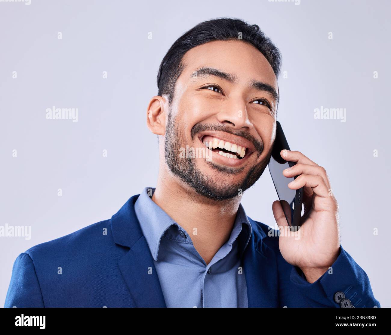 Business, phone call and man with a smile, conversation and connection ...