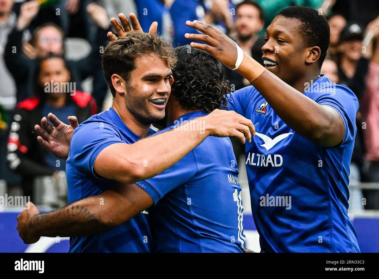 Damian Penaud of France celebrate his try with Peato Mauvaka of France ...