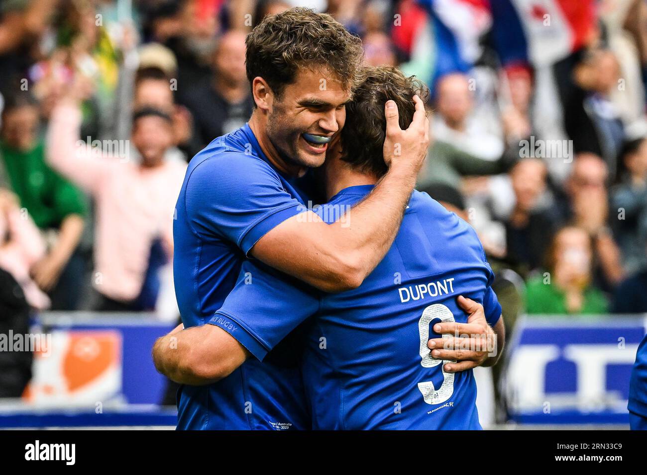 Damian Penaud of France celebrate his try with Antoine Dupont of France ...