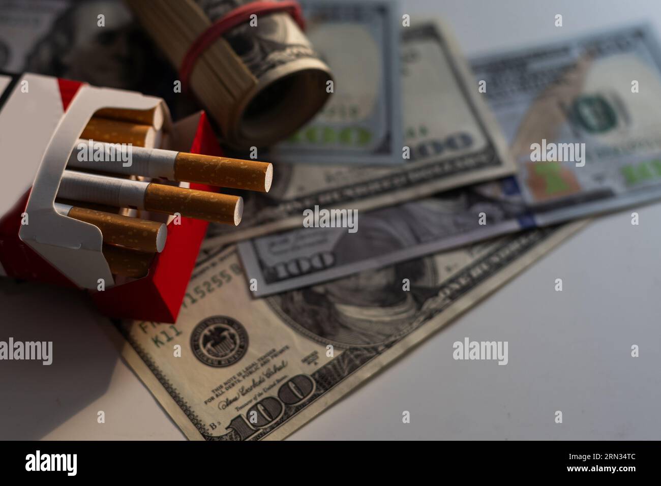 white cigarettes lying on the dollar bills. concept of financial cost ...