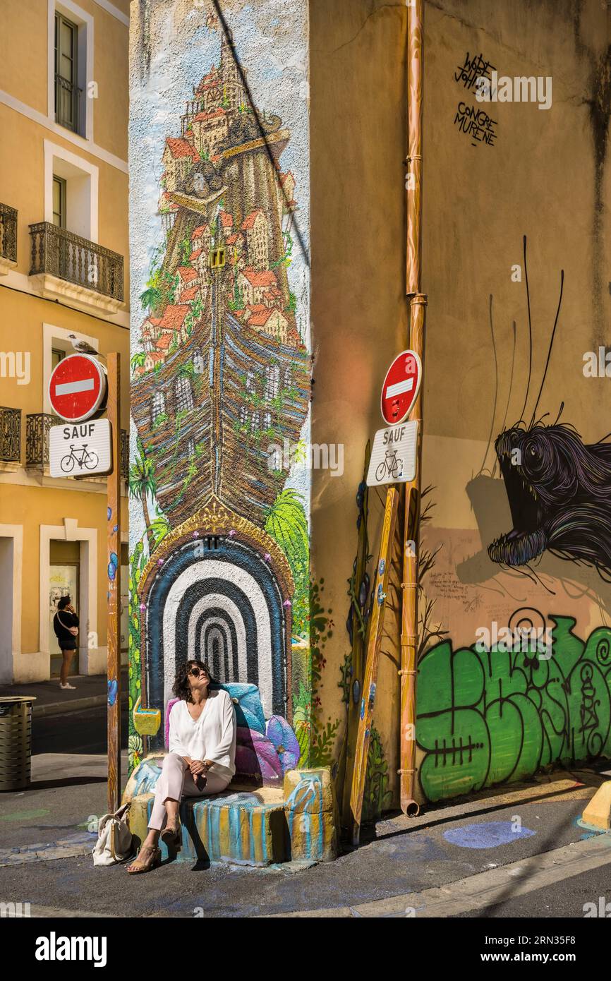 France, Herault, Sete, Mural fresco created by the visual artist David Duart and the graffiti ...