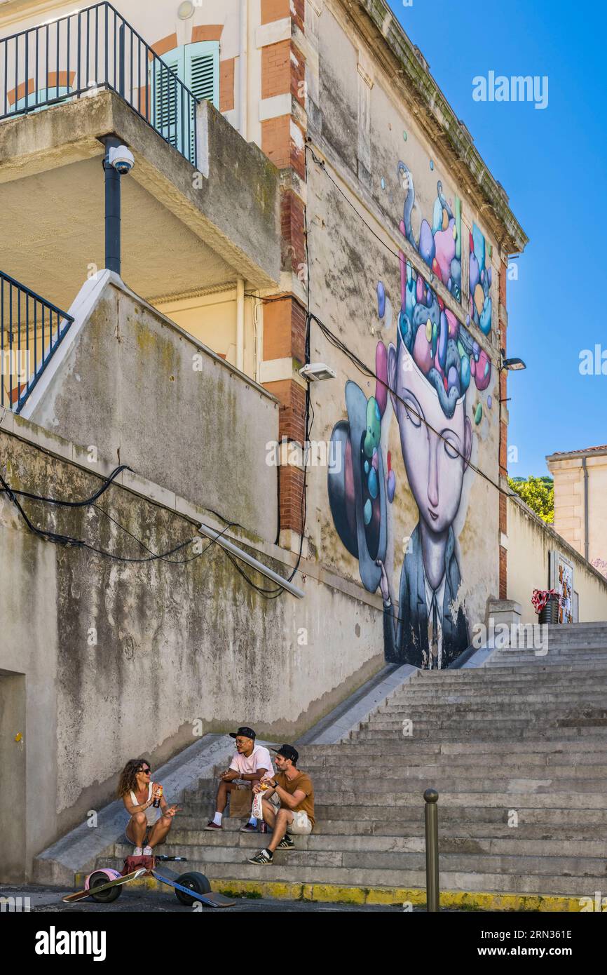 France, Herault, Sète, Quartier Haut (the Upper Quarter), mural fresco ...