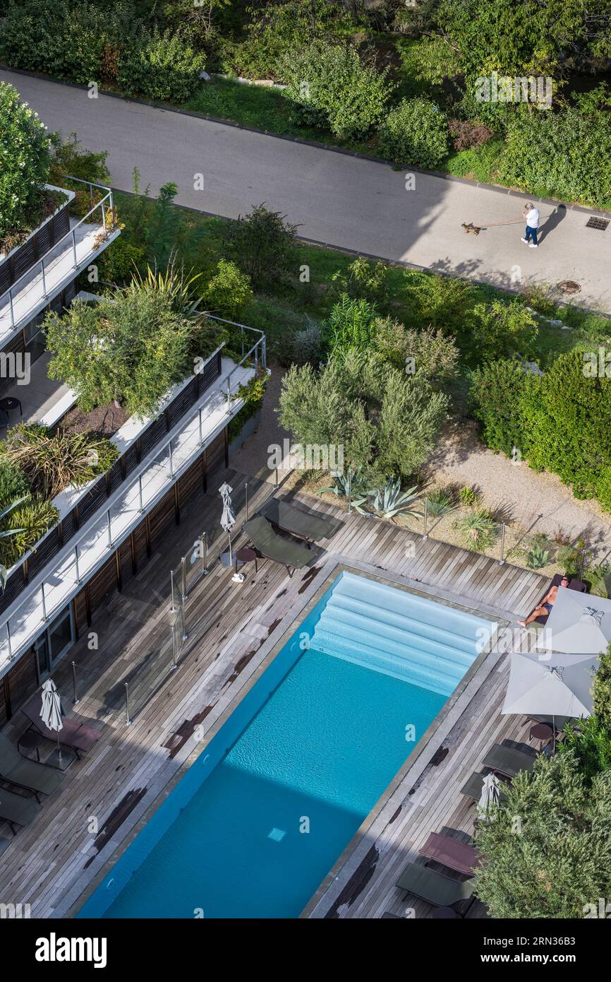 France, Herault, Montpellier, Port Marianne district, Hotel Courtyard ...
