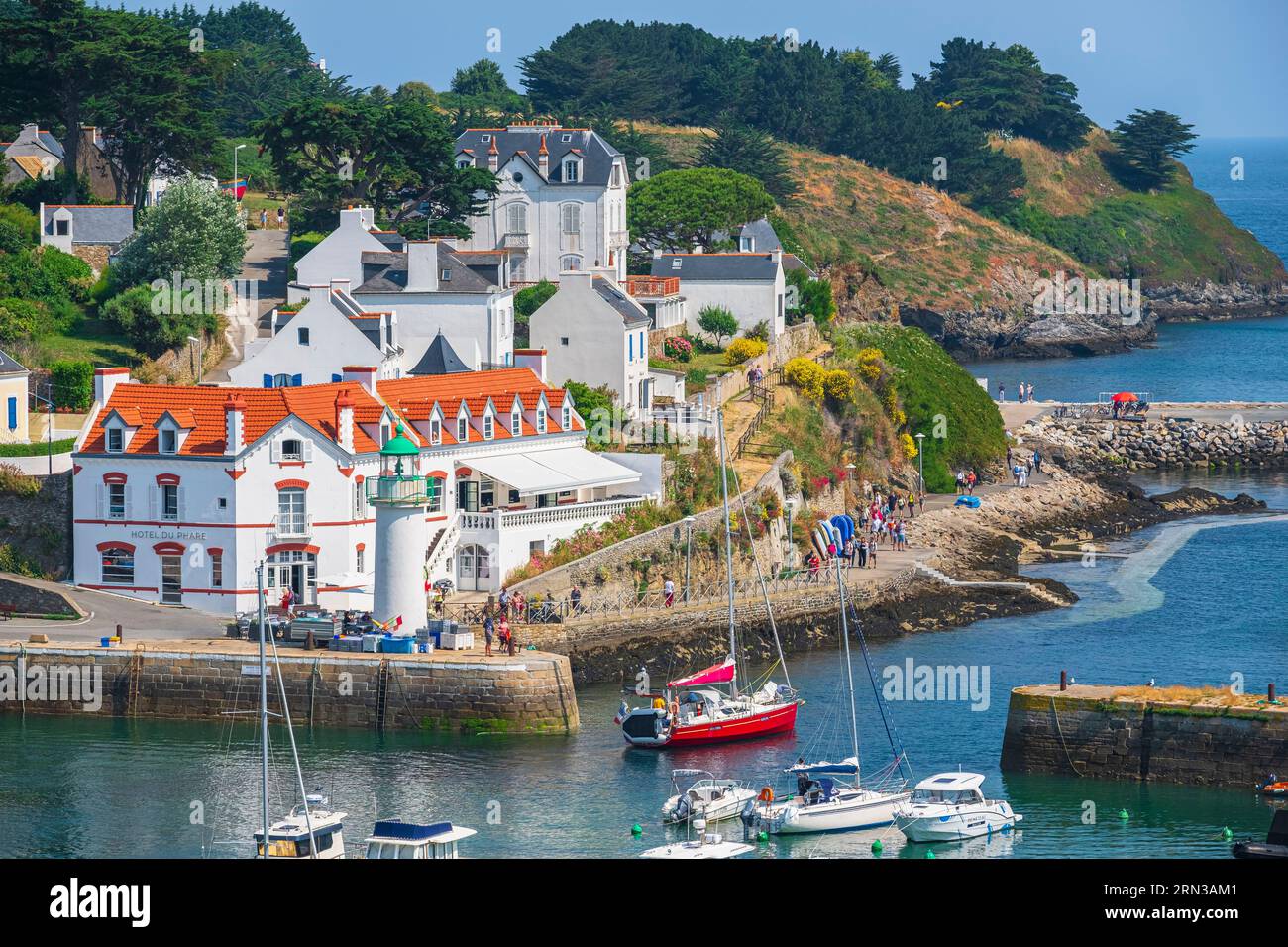 France, Morbihan, Belle-Ile-en-Mer, Sauzon harbour, lighthouse and ...