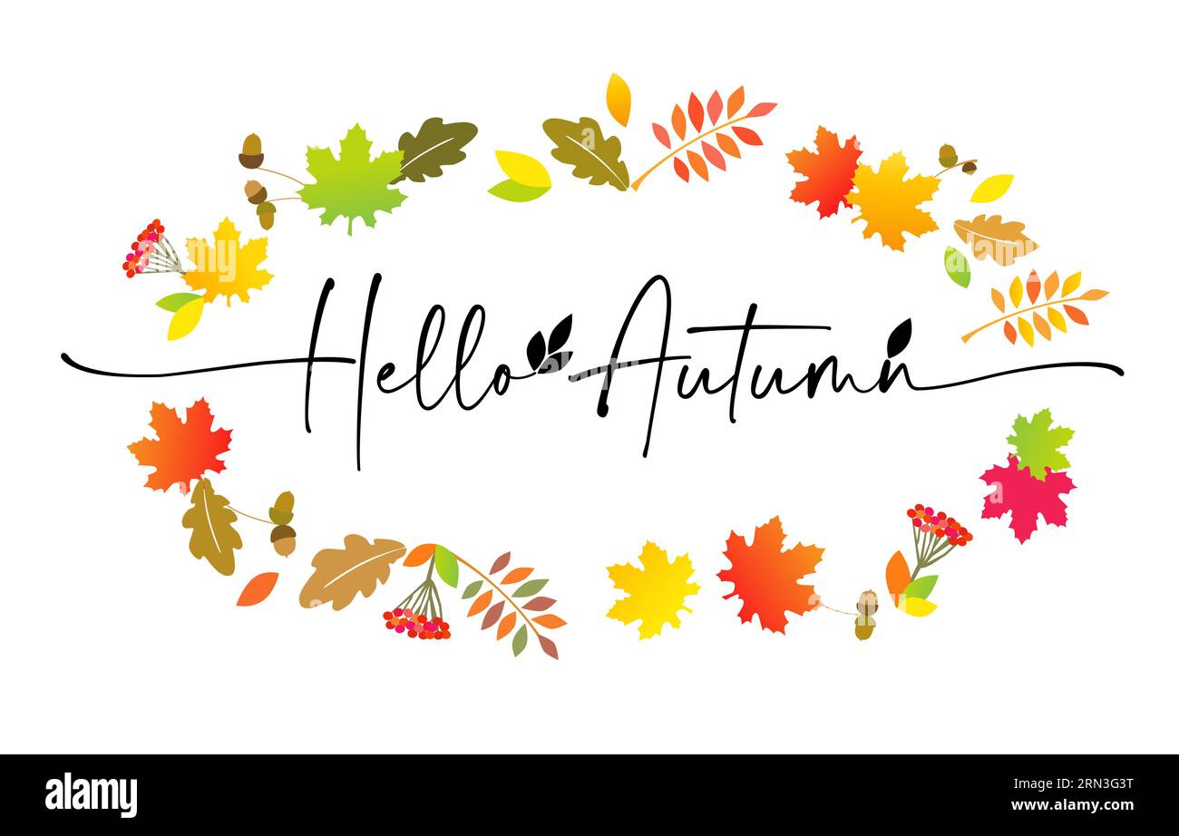 Hello Autumn calligraphy for social media post. Autumn leaves, colored ...