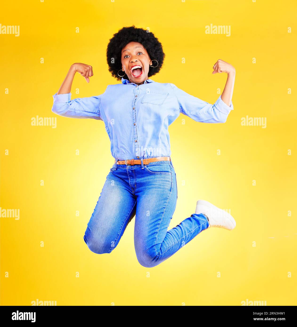 Excited, jump and portrait of black woman on yellow background for good ...