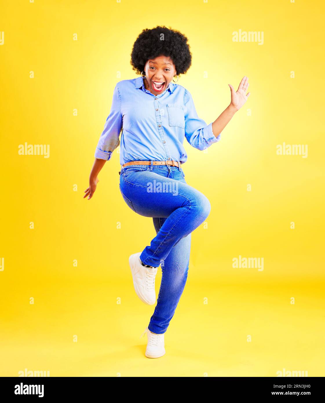 Happy, excited and a woman in studio with fun energy, positive attitude ...