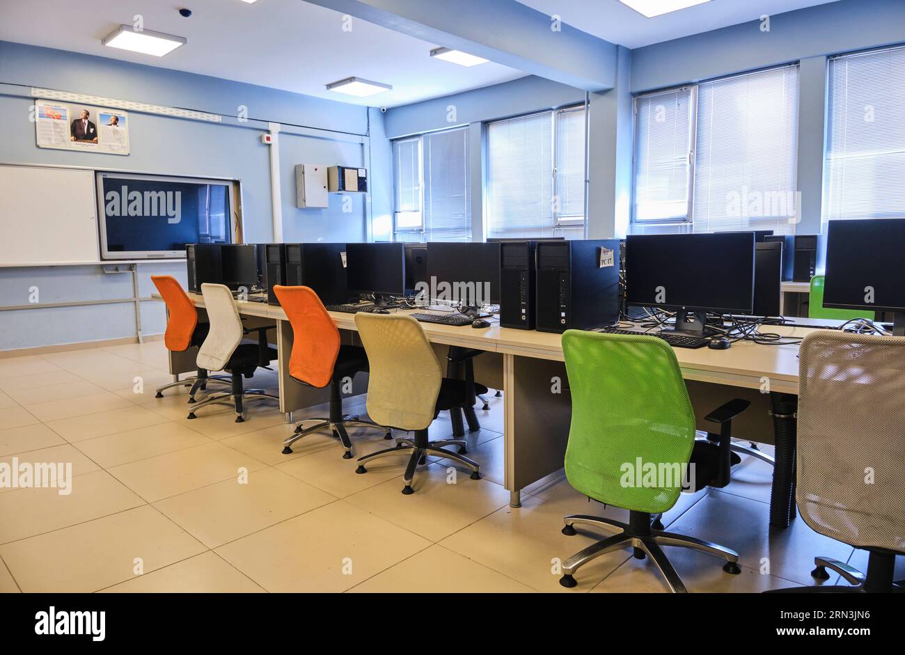 empty computer lab in a university. Computer lab room. room with a lot ...